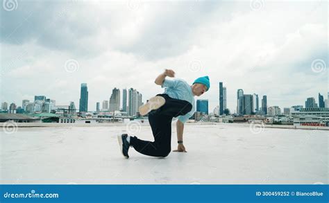 Skilled Caucasian B Boy Dancer Practicing Street Dancing At Rooftop
