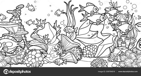 นหล บแนวนอนจากพ นทะเลและอาณาน คมของม สาหร ายทะเล ปลาและปะการ งบนห นภาพวาดเช งเส ภาพเวกเตอร์สต็อก