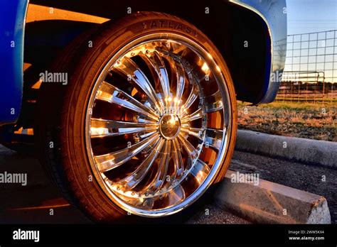 Classic Blue Truck Bed With Chrome Mag Wheels And Reflected Sunshine