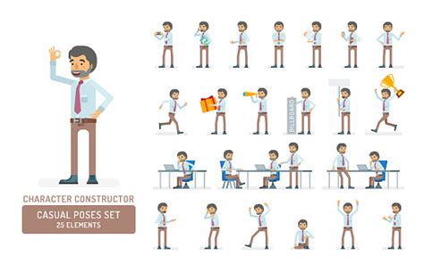 벡터 오피스 셔츠와 바지 준비사용 캐릭터 캐주얼 포즈에서 플랫 스타일에서 설정 젊은 성인 남자 전체 길이 제스처 감정 전면 측면 후면 보기 감정에 대한 스톡 벡터 아트 및