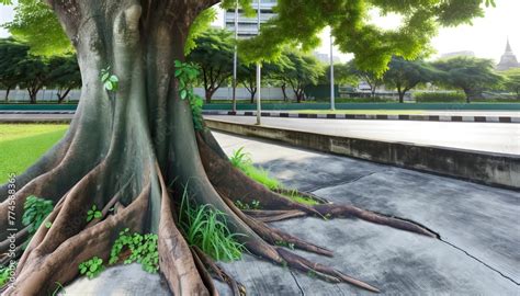 Depict An Old Tree With Roots Growing Over And Through An Urban Concrete Sidewalk A Testament