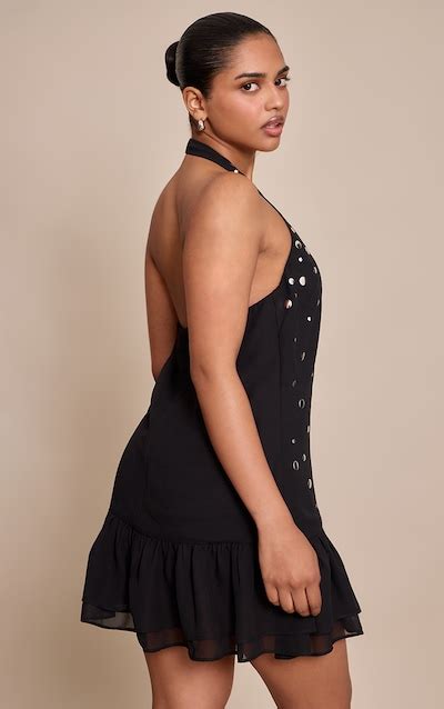 Petite Black Ruffle Stud Detail Halterneck Dress Petite