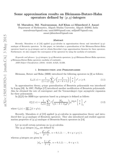 Pdf Some Approximation Results On Bleimann Butzer Hahn Operators Defined By P Q Integers