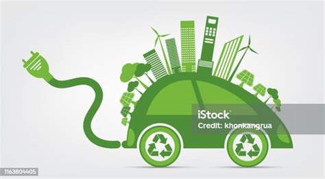 생태 및 환경 도시 경관 개념 도시 주변의 녹색 잎이있는 자동차 기호는 친환경 아이디어로 세상을 돕습니다 0명에 대한 스톡 벡터