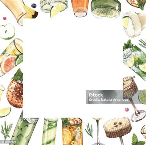 수채화 프레임 칵테일 잔 마티니 진 마가리타 모히토 주류 럼 모스크바 노새 손으로 그린 그림은 흰색 배경에 분리되어 있습니다 알코올 음료가 들어간 레시피 목록 카페에 딱