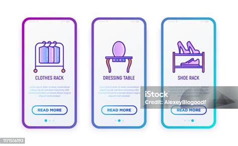 얇은 라인 아이콘 세트 가구 개념 드레싱 테이블 옷 걸기 신발 랙 내부의 요소입니다 사용자 모바일 인터페이스에 대한 벡터 그림입니다 가구에 대한 스톡 벡터 아트 및 기타