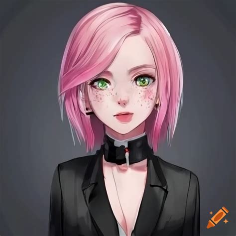 Anime Style Woman With Pink Hair Pale Skin Freckles And Green Eyes
