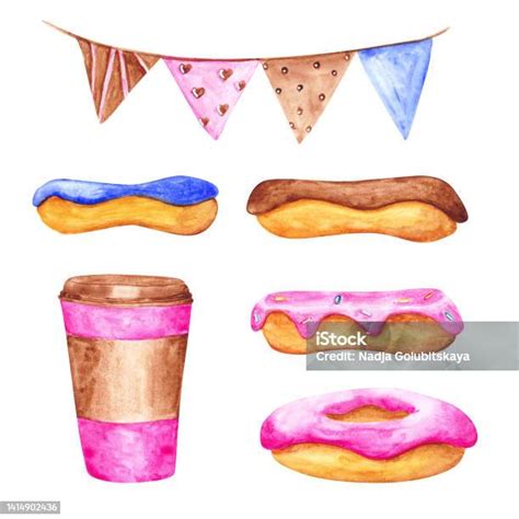 도넛 생일 화환 에클레어 및 커피 컵 일러스트레이션 흰색 배경에 고립 된 6 개의 수채화 베이커리 클립 아트 세트 디저트 클립 아트 컬렉션 귀여운 핑크 더넛과 카페 물건 0