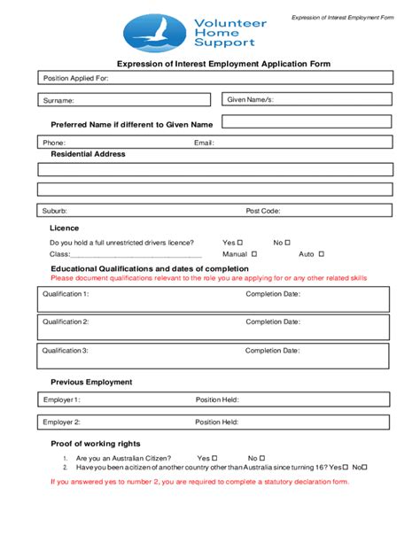 Fillable Online Expression Of Interest Employment Application Form Fax Email Print Pdffiller