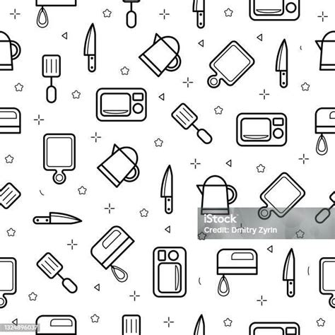 원활한 패턴 추상 낙서 컬렉션 부엌 요리 칼 주전자 전자 레인지 도란 보드 견갑피 로고 벡터 기호 기호 기호 디자인 스타일 개념에 대한 스톡 벡터 아트 및 기타 이미지