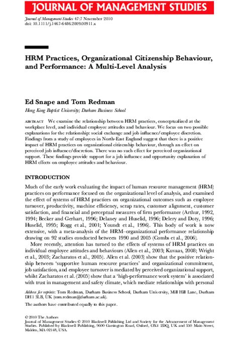 Pdf Hrm Practices Organizational Citizenship Behaviour And Performance A Multi Level Analysis