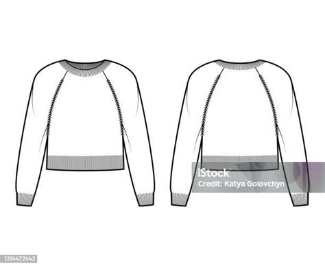 크루 넥 스웨터 크롭 테크니컬 패션 일러스트와 롱 라글란 슬리브 릴렉스 핏 허리 길이 니트 리브 트리밍 0명에 대한 스톡 벡터