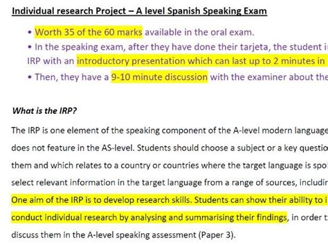 Spanish A Level Irp Information For Students With Examples Of Topics