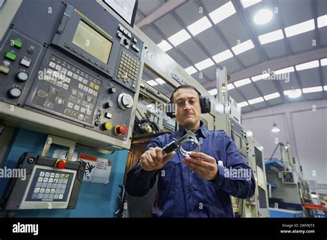 Worker Measuring With Caliper Area Automated Cnc Lathes Machined