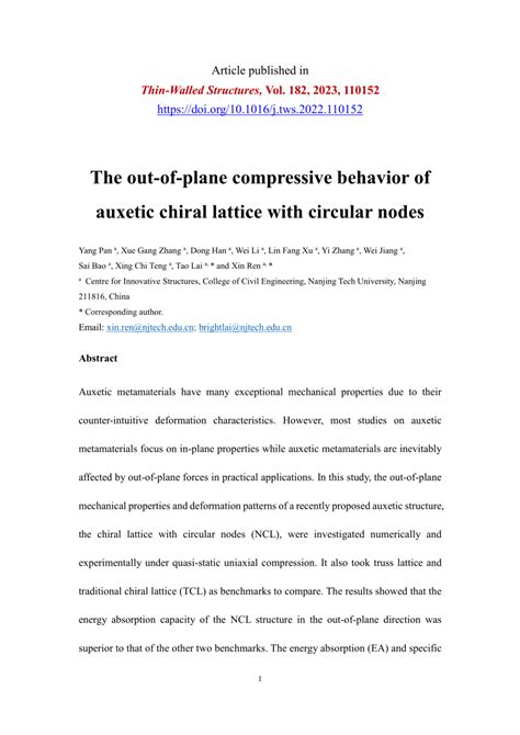 Pdf The Out Of Plane Compressive Behavior Of Auxetic Chiral Lattice With Circular Nodes
