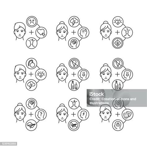 부모 검은 선 아이콘 세트로 인한 심리적 문제 정신 장애 어린 시절과 육성에 연결합니다 웹 페이지 모바일 앱 프로모션에 대한 픽토그램 Ui Ux Gui 디자인 요소입니다 0