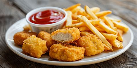 Fried Chicken Nuggets With French Fries And Sauce On Table In Park