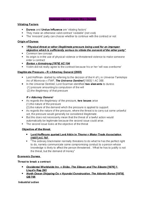 Contract 16a Lecture 16a Contract Law Lecture 16a Duress Vitiating Factors Duress And
