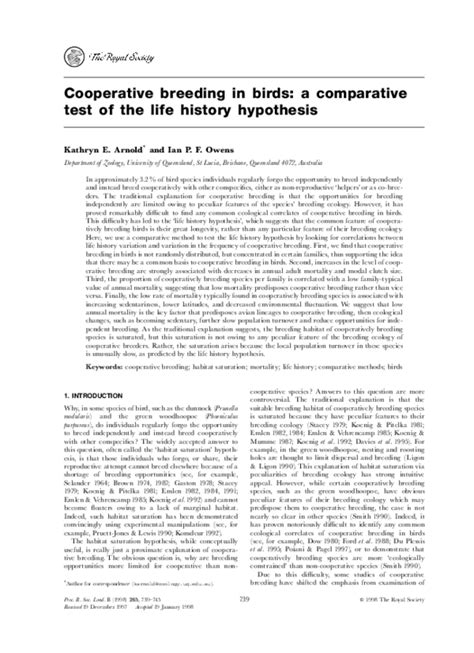 Pdf Cooperative Breeding In Birds A Comparative Test Of The Life History Hypothesis Kathryn