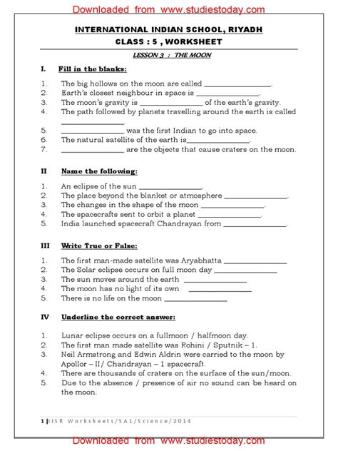 Cbse Class 5 Science The Moon Pdf