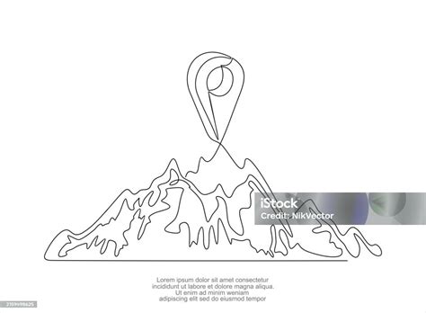 위치 포인터가 있는 산의 경로를 연속적으로 한 줄로 그립니다 Gps 네비게이션 및 여행 개념 편집 가능한 획 지도 핀 선