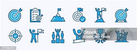 비즈니스 목표 아이콘 집합입니다 목표 조준 정확 목적 및 성공 성취 승리 승자 계획 체크리스트 트로피 챔피언 산봉우리의 사명을 포함합니다 벡터 일러스트 레이 션