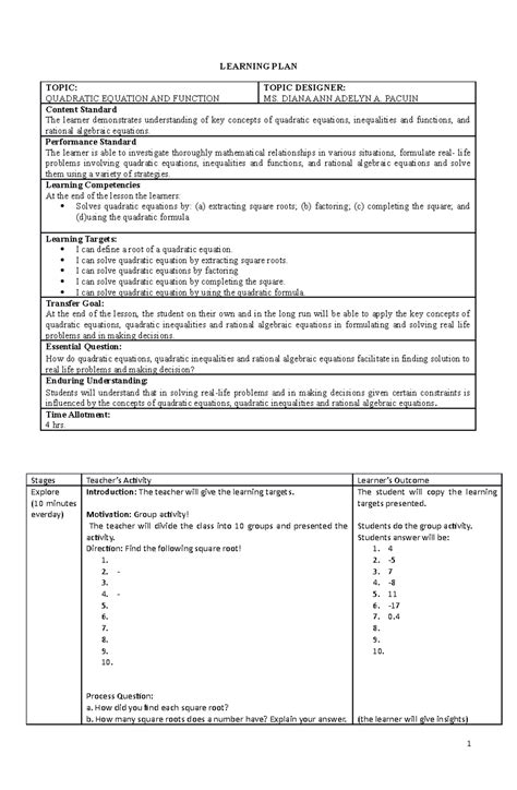 Semi Detailed Lesson Plan Grade 9 Quadratic Equation