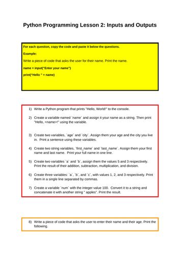 Gcse Computer Science Python Inputs And Outputs Teaching Resources