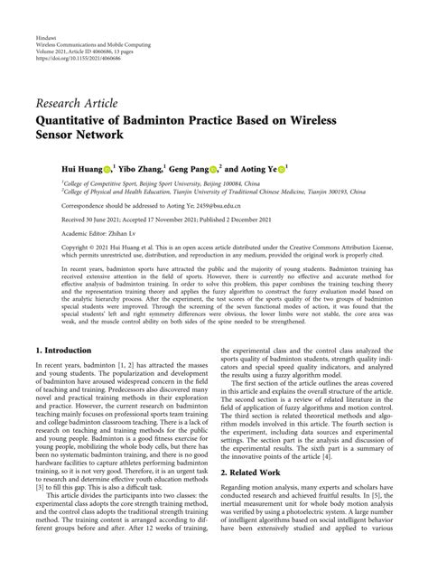 Pdf Quantitative Of Badminton Practice Based On Wireless Sensor Network