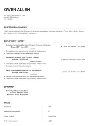 Lotus Notes Developer Resume Sample Tips Online Resume Builder