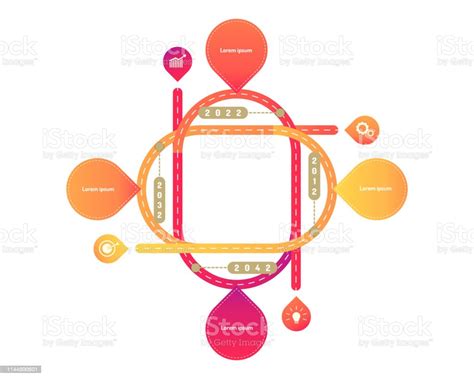 링 사이드 하이웨이 로드맵 마크 포인트 그래프를 사용 하 여 타임 라인 요소 검색 기어 대상 아이콘을 생각 합니다 벡터 일러스트 레이 션 Eps10 0명에 대한 스톡 벡터