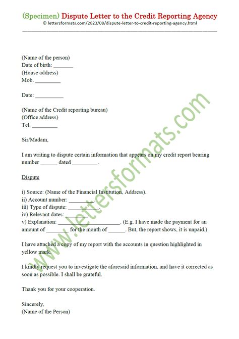 Dispute Letter Format To Credit Reporting Agency In The Us