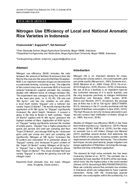 Pdf Nitrogen Use Efficiency Of Local And National Aromatic Rice Varieties In Indonesia