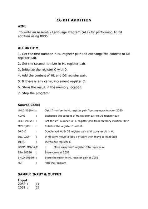 16 Bit Addition Php Program 16 Bit Addition Aim To Write An Assembly Language Program Alp