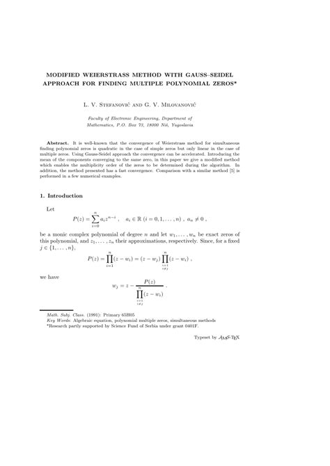 Pdf Modified Weierstrass Method With Gauss Seidel Approach For Finding Multiple Polynomial Zeros