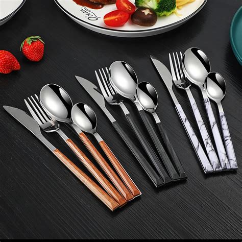 스테인레스 스틸 식기 세트 모조 나무 대리석 손잡이 서양 칼 포크 스푼 식기류 칼 붙이 주방 용품식기 세트 Aliexpress