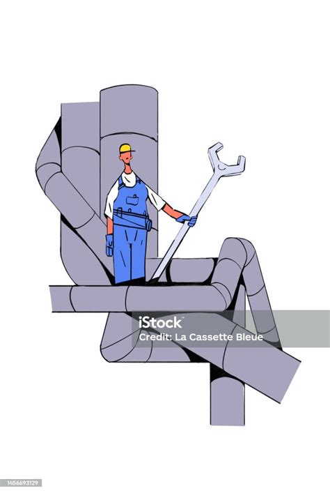 거대한 밸브와 파이프가 있는 배관공 여성 개념 삽화 그의 도구를 수리 할 준비가되었습니다 배관 산업을 위한 클립 아트 흰색으로 분리된 색상의 현대적인 디자인의 그림 개념에