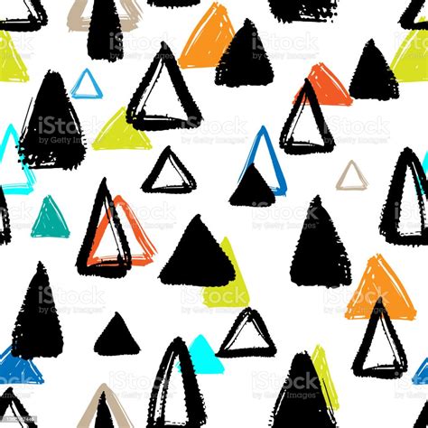 흰색 배경에 격리된 여러 가지 색상의 밝은 잉크 삼각형입니다 귀여운 기하학적 그런지 매끄러운 패턴 벡터 간단한 평면 그래픽 손으로 그린 그림 텍스처 가시에 대한 스톡 벡터