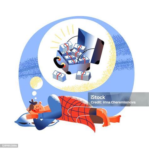 부자가 되는 꿈을 꾸고 자고 있는 남자 행복한 남자는 집에서 돈으로 가득 가방을 얻기의 꿈 통화 전문적 성공 및 금융 벡터 일러스트의 생각 통화에 대한 스톡 벡터 아트 및