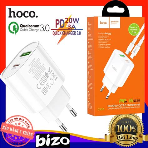 HOCO Bộ sạc nhanh 2 cổng Hoco C95A chân C PD20W USB QC3 0 đầu ra 18W cáp sạc C to IP củ