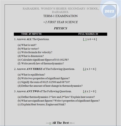 Chse Odisha Plus 2 Science Class 11 Physics Sample Questions Edbod