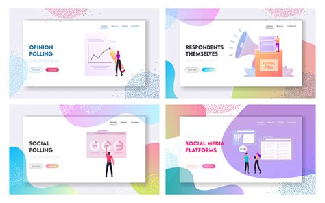 선거 및 사회 투표 방문 페이지 템플릿 세트입니다 투표 하는 동안 투표소에서 투표를 캐스팅 하는 유권자 문자 거 대 한 메가 폰 근처 상자에 종이 투표를 넣어 만화 사람들