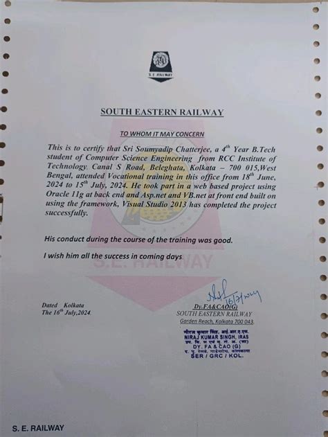 Soumyadip Chatterjee On Linkedin Southeasternrailways Internship