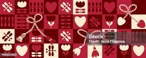 봄 가로 배너 Martisor 전통 선물 컵 머그잔 엽서 스티커를 위한 축제 체크 무늬 프린트 벡터 일러스트 레이 션입니다 3월에 대한 스톡 벡터 아트 및 기타 이미지