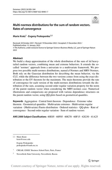 Multi Normex Distributions For The Sum Of Random Vectors Rates Of Convergence Request Pdf