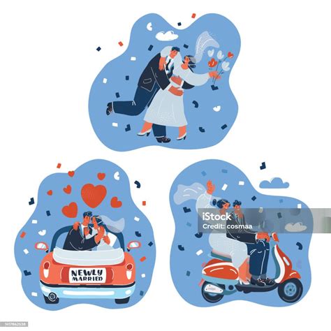 아름다운 임신 아시아 여자의 벡터 일러스트 레이 션은 결혼식 커플이 함께 춤을 추고 자동차 나 스쿠터를 타고 허니문과 신혼 컨셉 가족에 대한 스톡 벡터 아트 및 기타 이미지