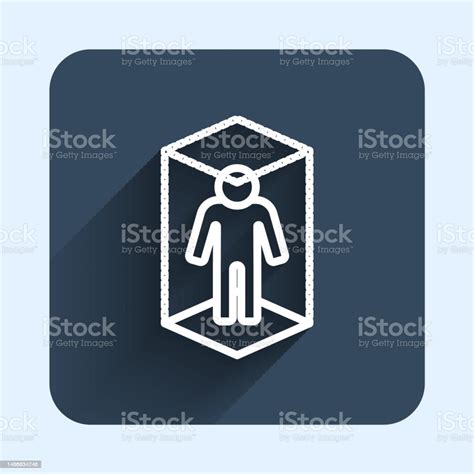 긴 그림자 배경으로 격리된 화이트 라인 3d 모델링 아이콘입니다 증강 현실 또는 가상 현실 파란색 정사각형 버튼 벡터 3차원