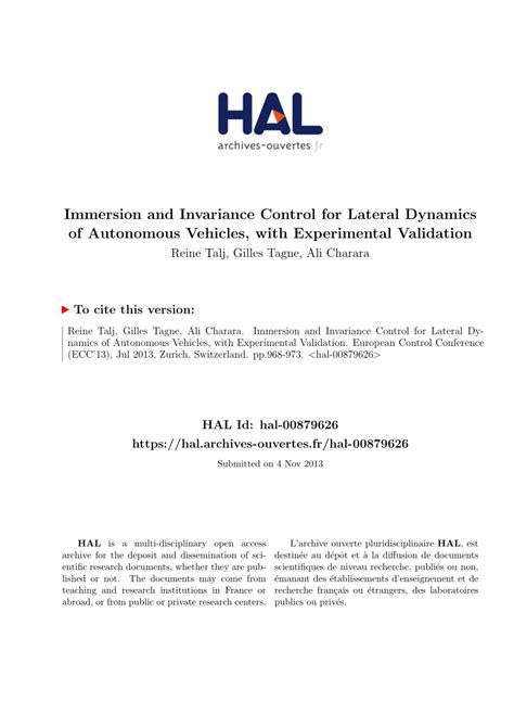 Pdf Immersion And Invariance Control For Lateral Dynamics Of