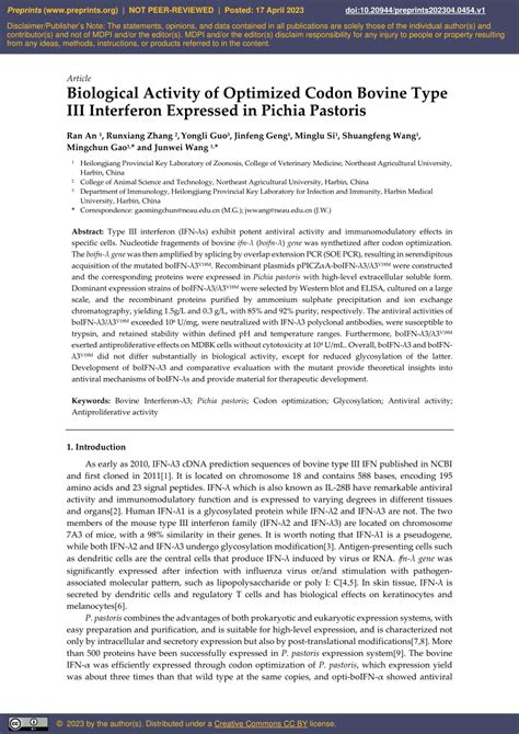 Pdf Biological Activity Of Optimized Codon Bovine Type Iii Interferon