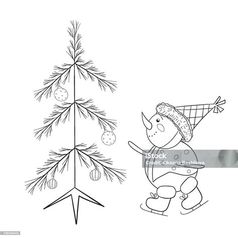 모자를 쓴 귀여운 빈티지 눈사람이 크리스마스 트리 근처에서 스케이트를 타고 있습니다 흑인과 백인 벡터 손으로 그린 그림 만화 스타일 카드 인쇄 배너 및 기타 디자인을 위한